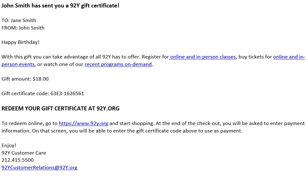 Gift Certificates - The 92nd Street Y, New York